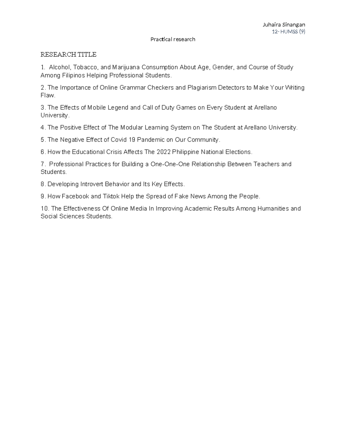 Research Titles for 12-HUMSS (9): Key Topics in Practical Research ...