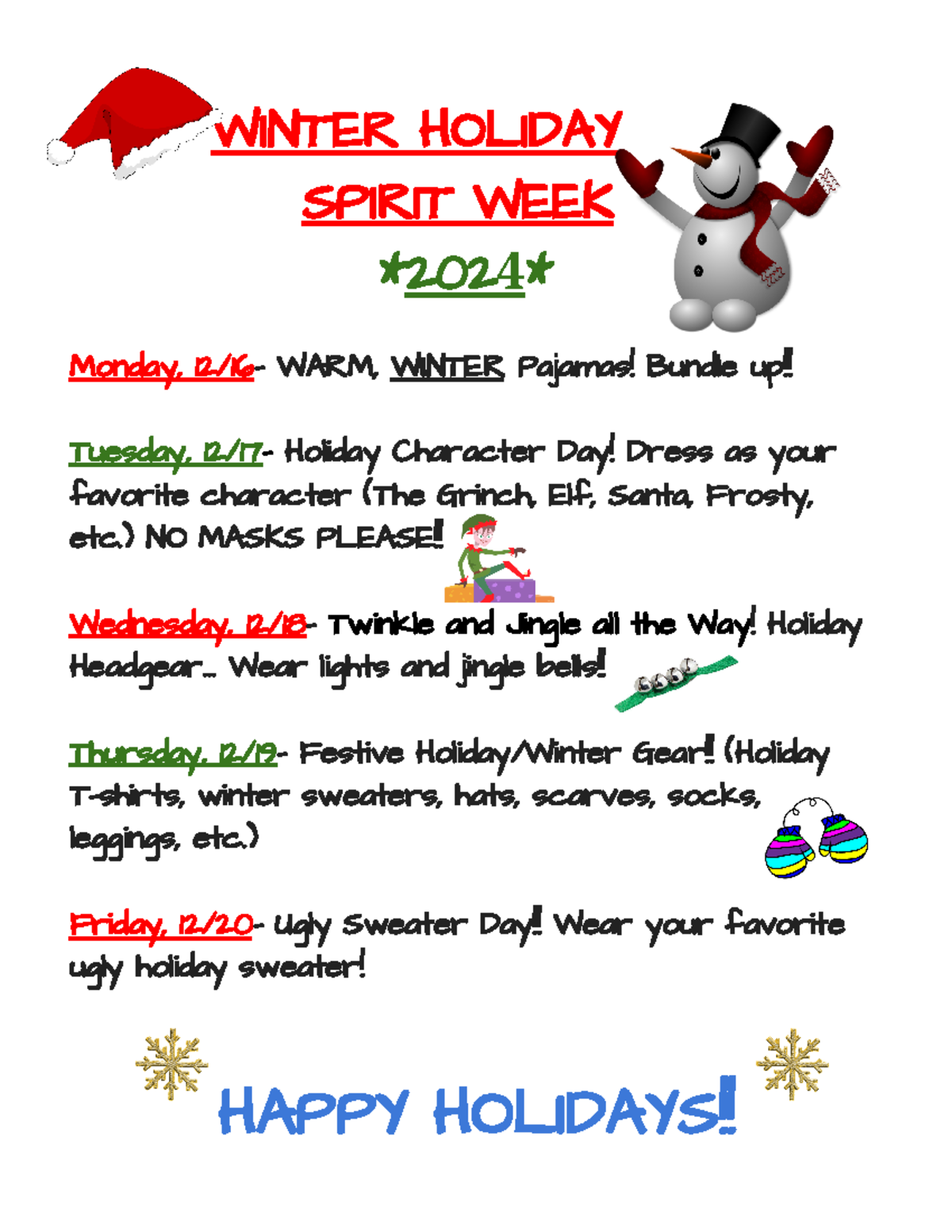 Holiday Spirit Week 2024 - WINTER HOLIDAY SPIRIT WEEK *202 4 * Monday ...