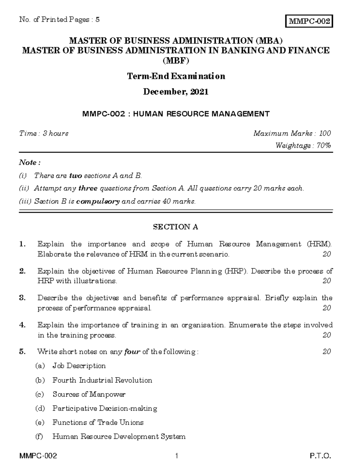 MMPC-2 A4 - MMPC-002 1 P.T. MMPC- MASTER OF BUSINESS ADMINISTRATION (MBA) MASTER OF BUSINESS ...