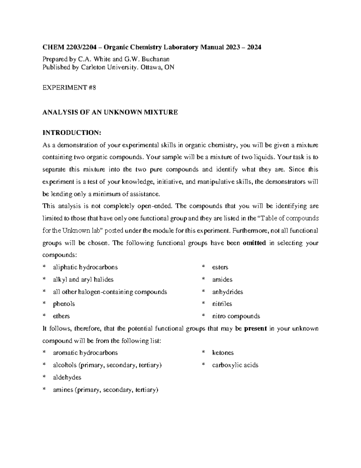 UA Lab Manual - Unknown Analysis Lab information (experiment 8) - CHEM ...