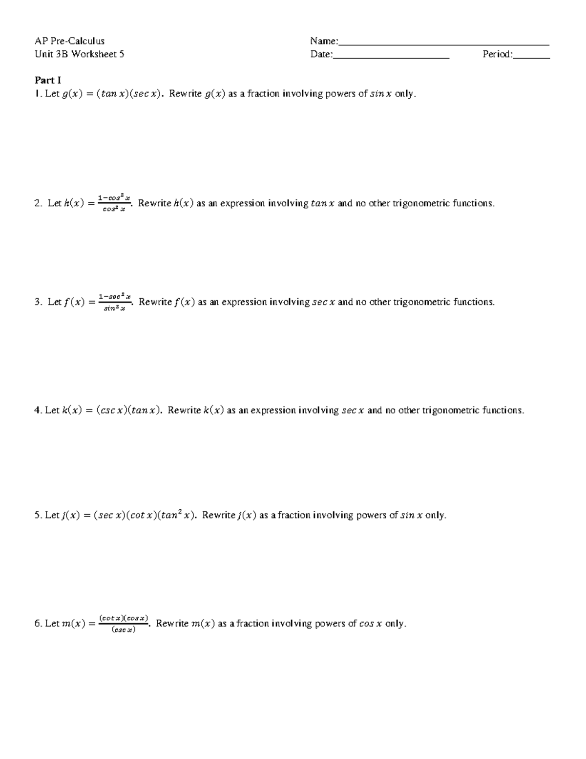 AP Calculus Unit 3B Worksheet 5: Trig Function Transformations - Studocu