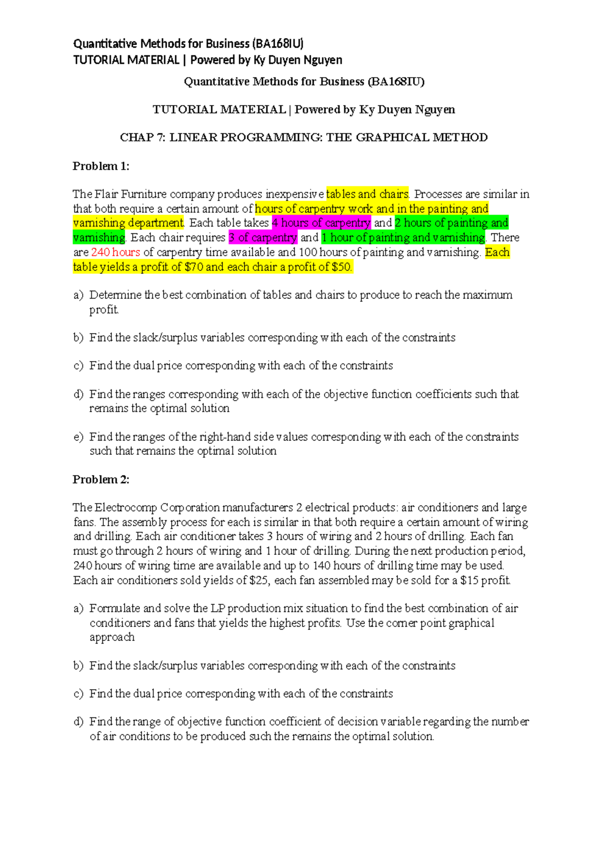 Linear Programming Problems and Solutions (BA168IU) Tutorial Material - Studocu