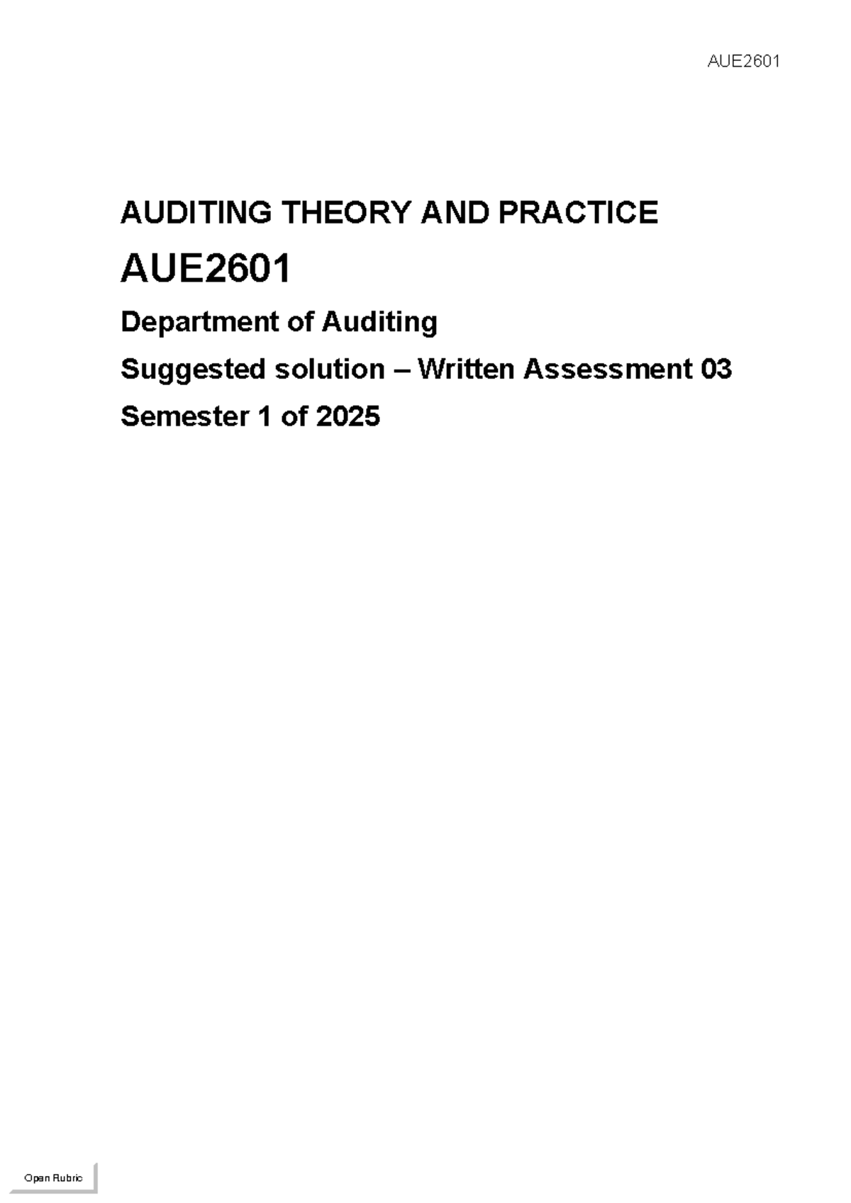 AUE2601 Suggested Solutions for Written Assessment 03 - Semester 1, 2025 - Studocu