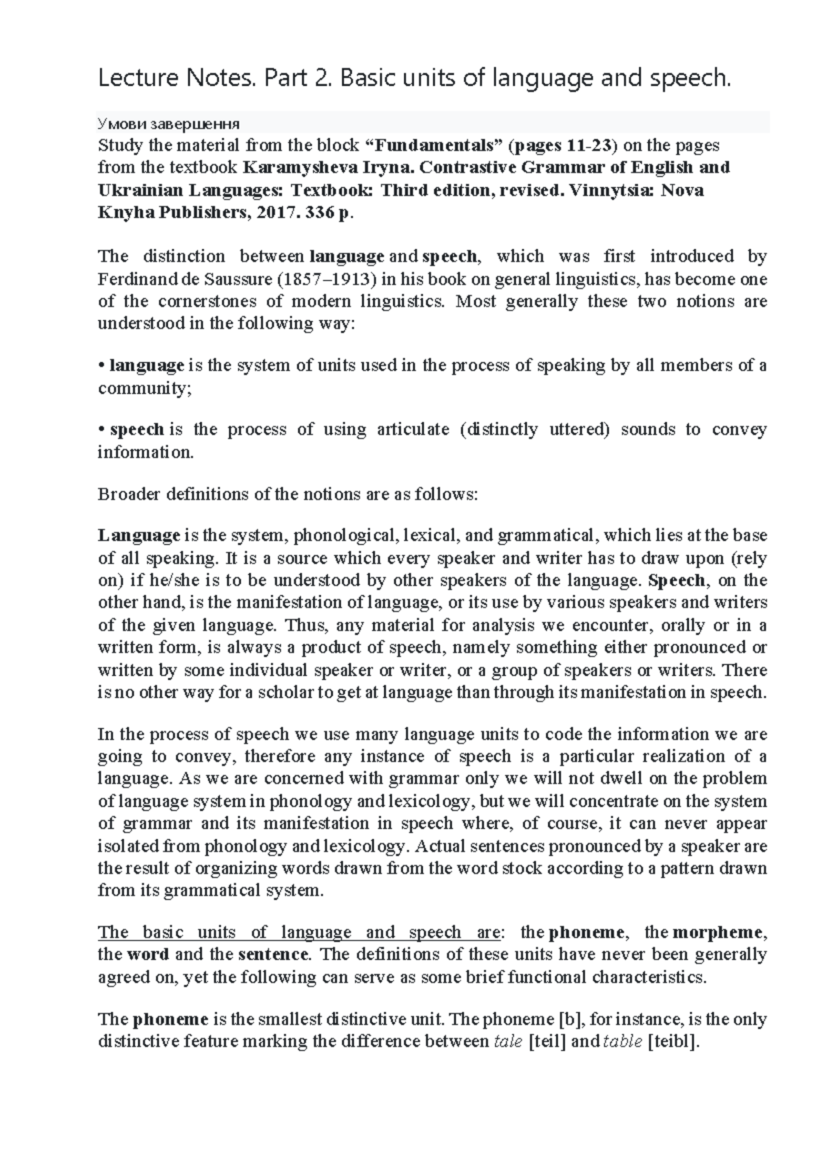 Lecture Notes: Part 2 - Basic Units of Language & Speech Analysis - Studocu