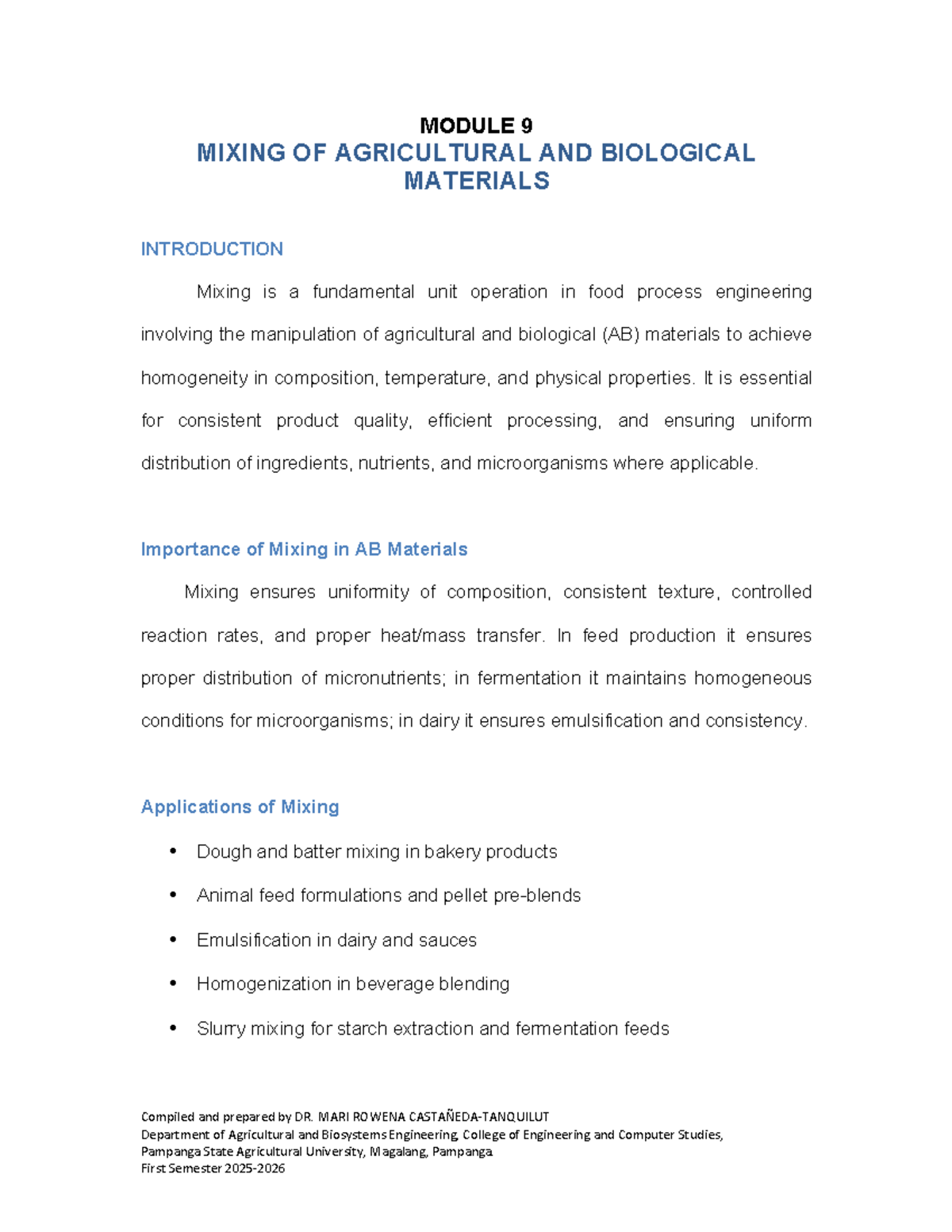 ABE 441 Module 9: Mixing of Agricultural and Biological Materials - Studocu