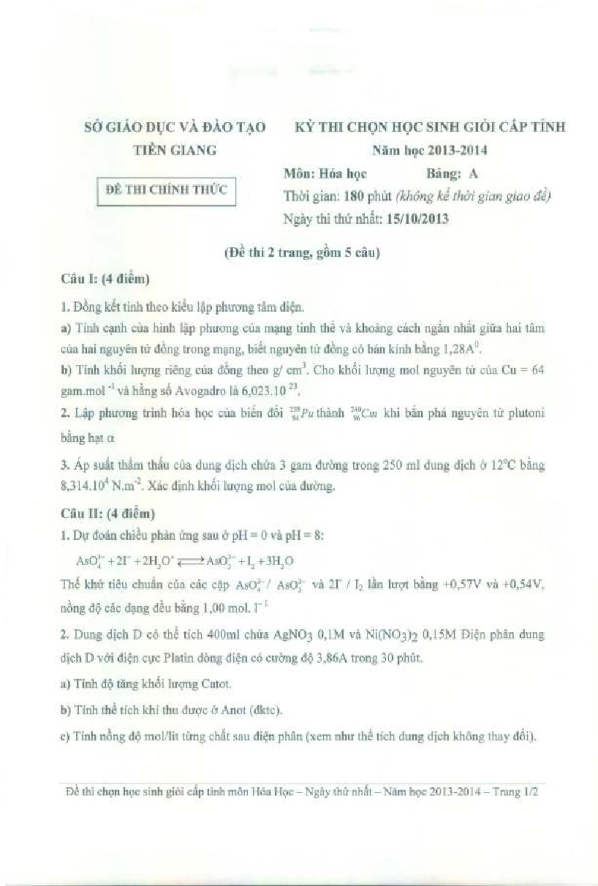 ĐỀ THI CHỌN HỌC SINH GIỎI CẤP TINH MÔN HÓA HỌC - TIỀN GIANG NĂM HỌC ...