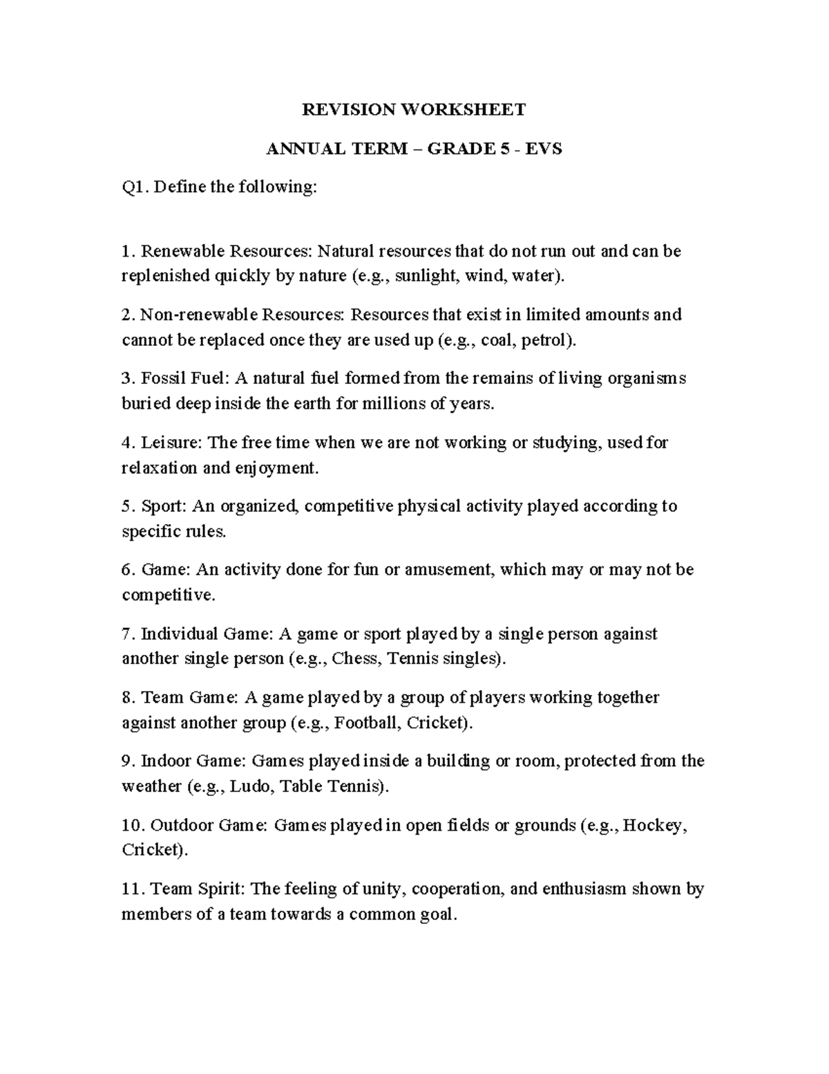 Grade 5 EVS Q1 Revision Worksheet: Key Definitions - Studocu
