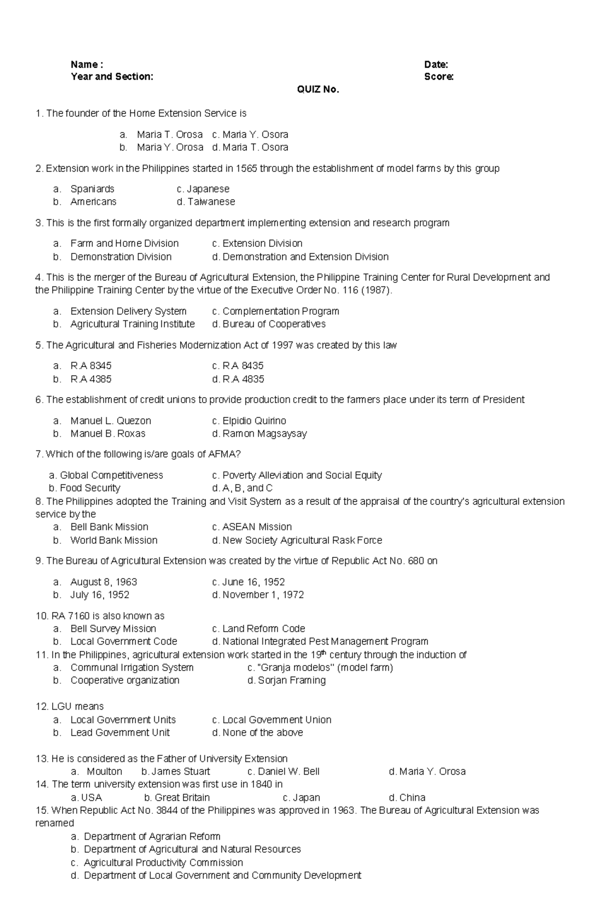 Agricultural Extension Quiz No. 1: Concepts & Terminology (EXT 101 ...