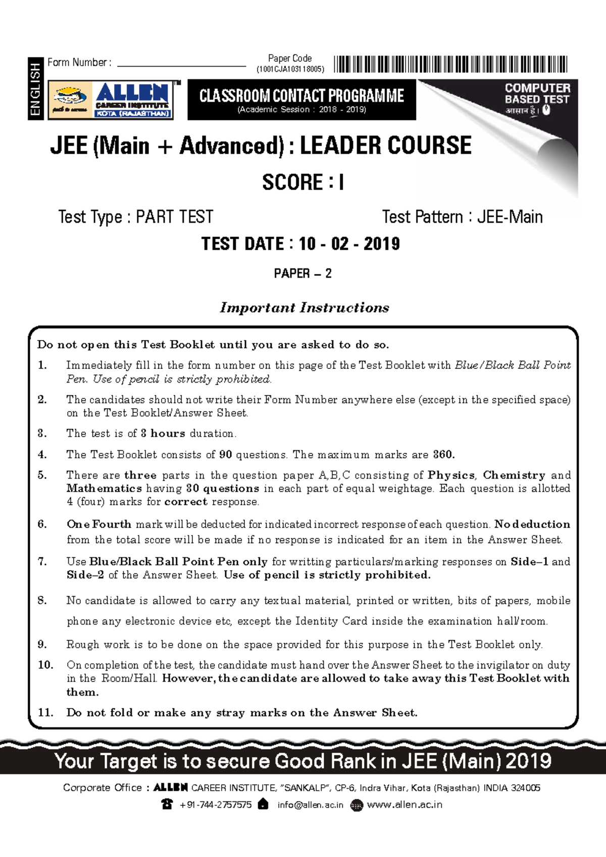 JEE (Main Advanced) Part Test Instructions and Questions - 10/02/2019 ...