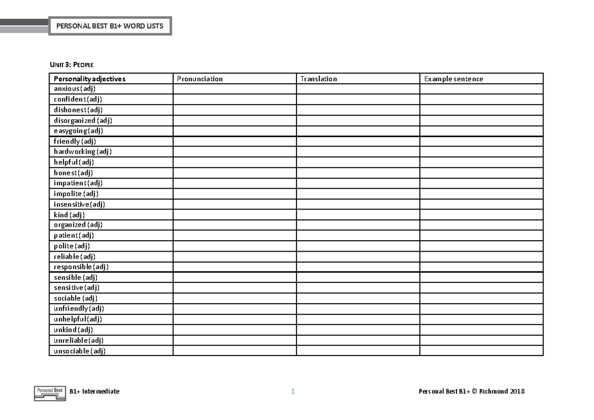 PB Am E B1 Word list U3 - từ vựng Personal U3 - B 1 + Intermediate 1 ...