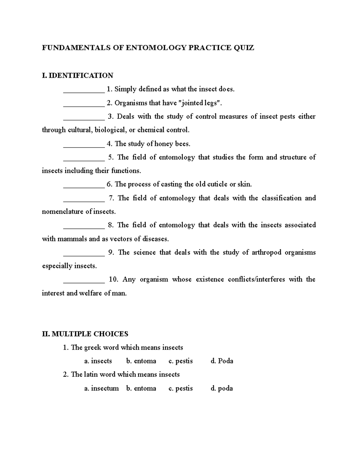 Fundamentals of Entomology Practice Quiz: Key Concepts & Questions ...