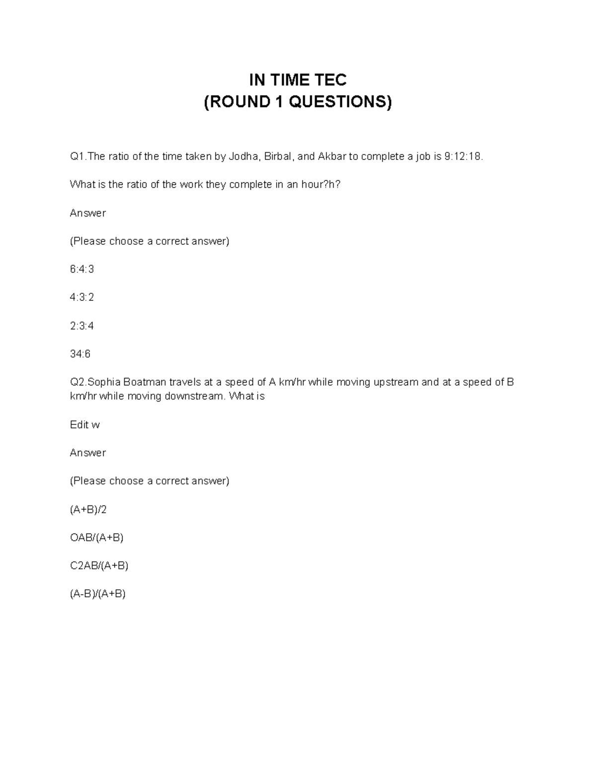 IN TIME TEC - ROUND 1 MCQ QUESTIONS AND ANSWERS - Studocu