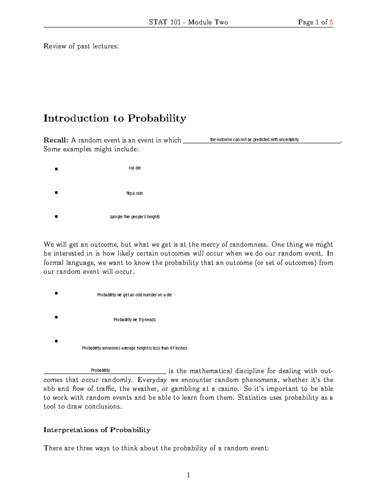 10 introduction to probability handouts - Review of past lectures ...