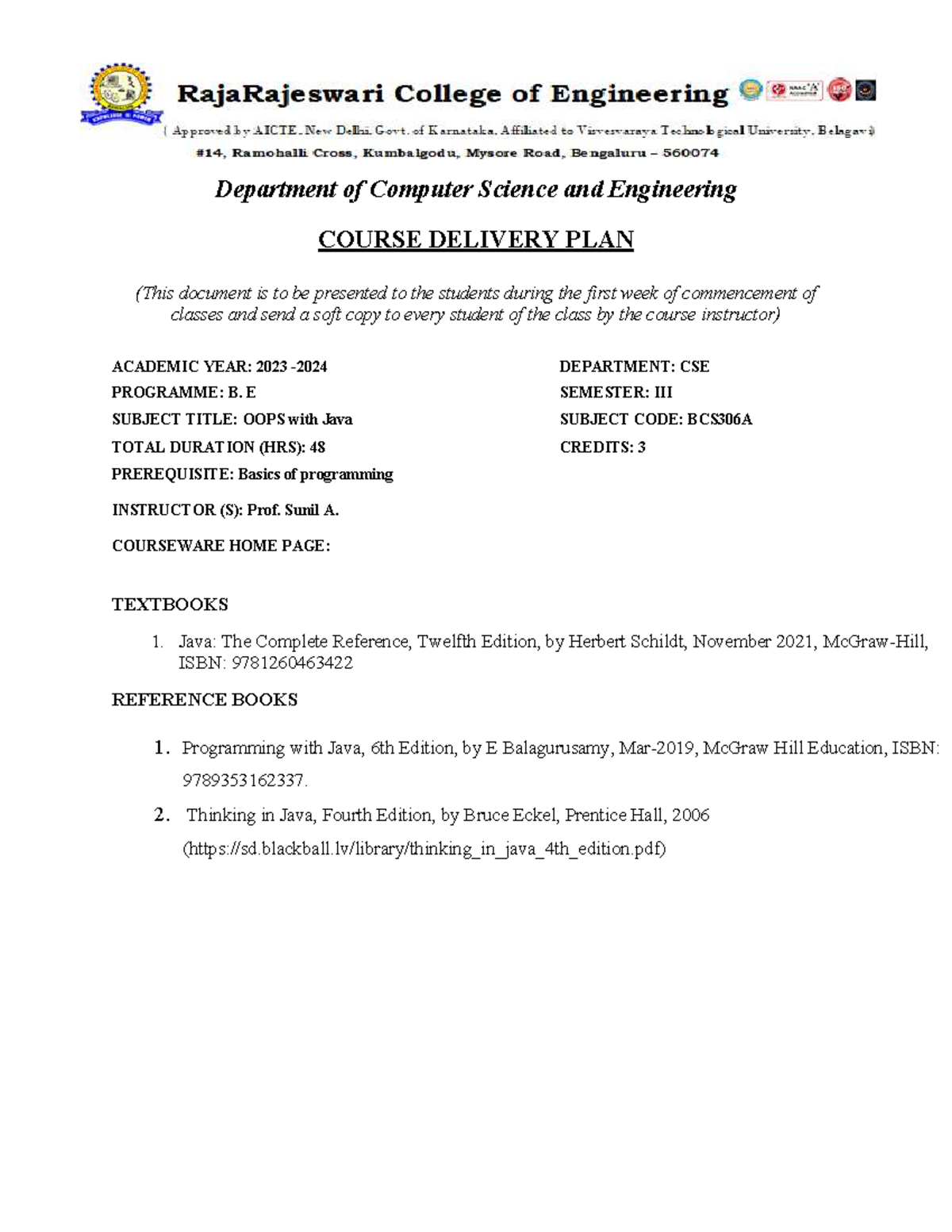 CSE B.E. OOPS with Java Course Delivery Plan - AY 2023 - Studocu