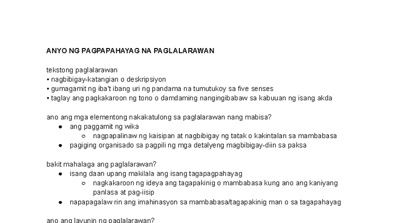 Fili 1st Qtr 2022: Mga Tala sa Paglalarawan at Pagsasalaysay - Studocu