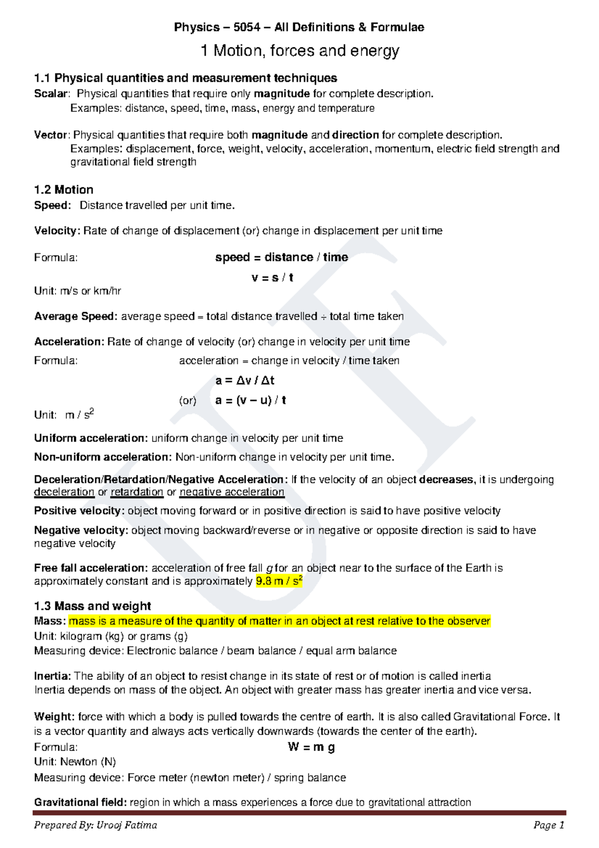 Physics-5054-Revision Notes: Key Definitions & Formulas - Studocu