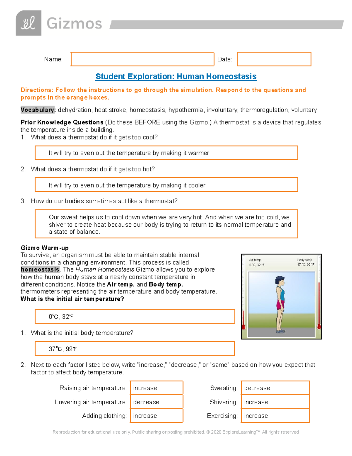 Human Homeostasis Gizmo Exploration for Science Class - Studocu