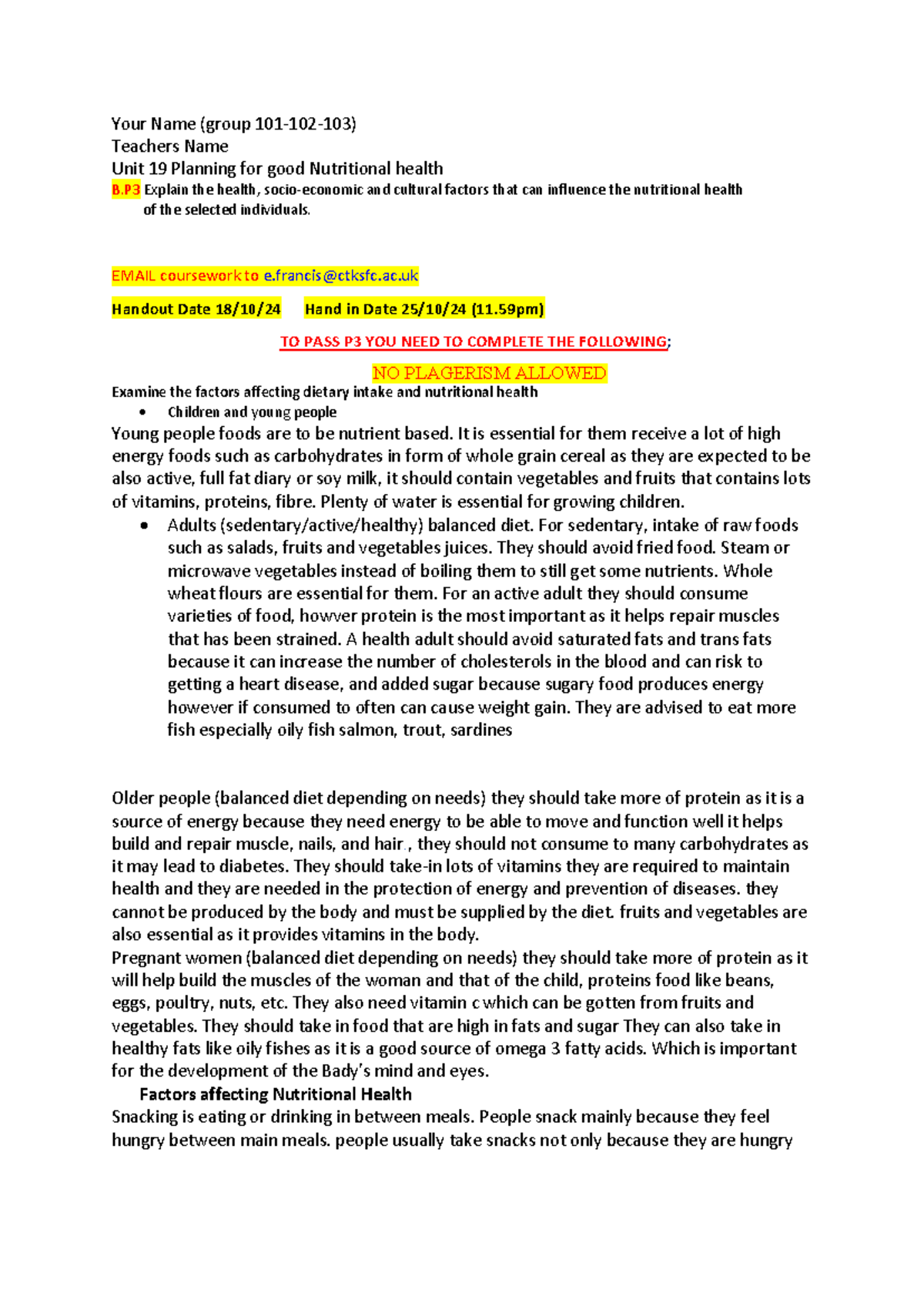 Nutrition P3 - Unit 19: Factors Influencing Nutritional Health - Studocu