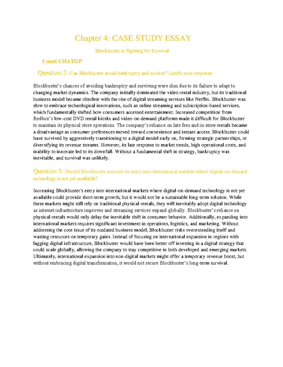 CHAPTER 4 Case Study Essay: Blockbuster's Fight for Survival - Studocu