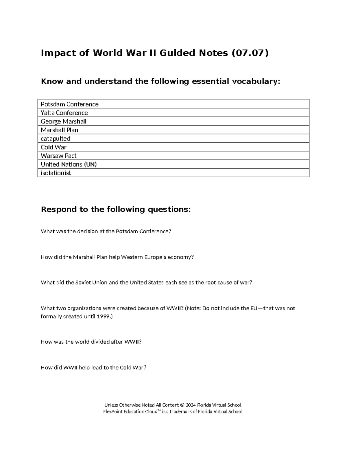 Impact of WWII: Guided Notes & Essential Questions (07.07) - Studocu