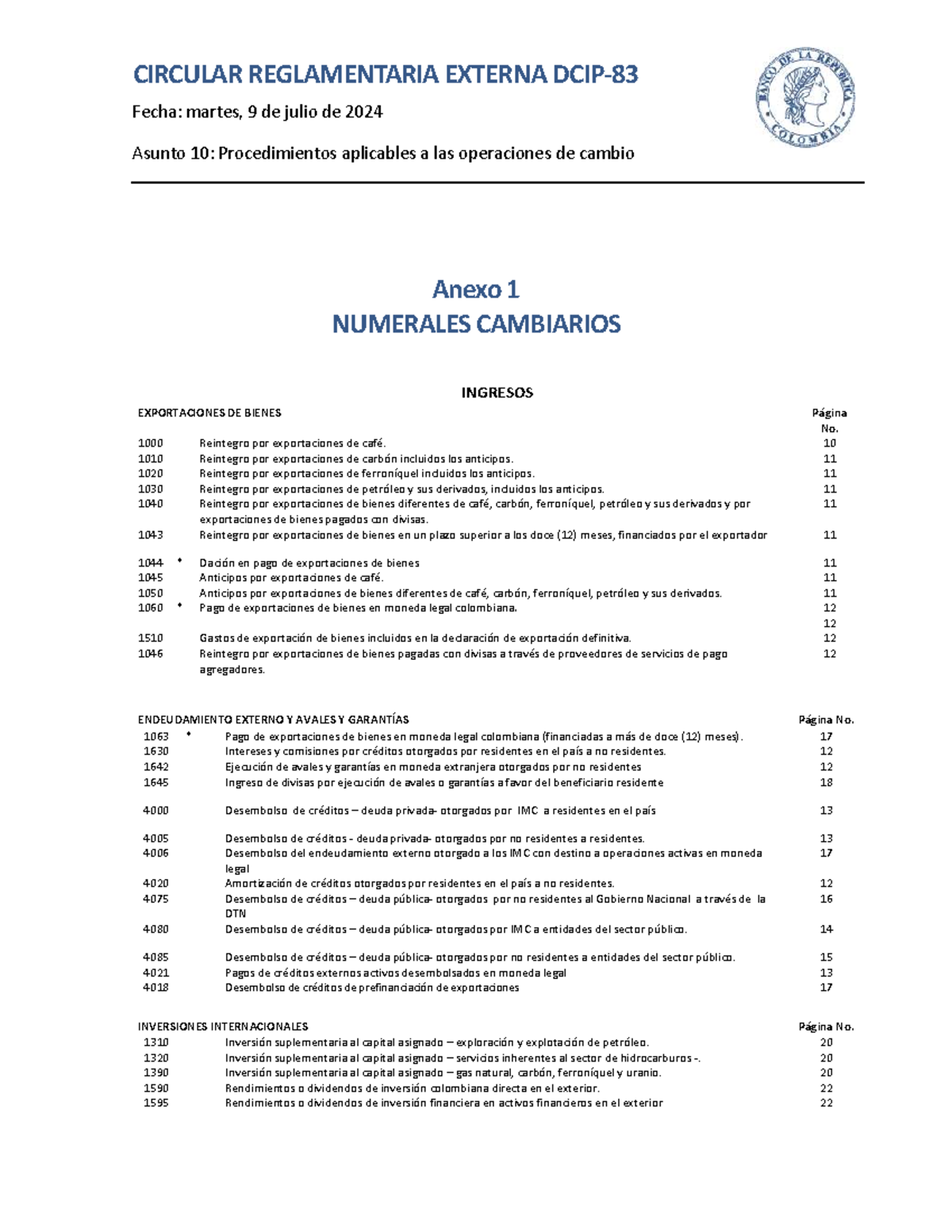 CIRCULAR REGLAMENTARIA EXTERNA: Procedimientos de Cambio - Dcip 83 ...