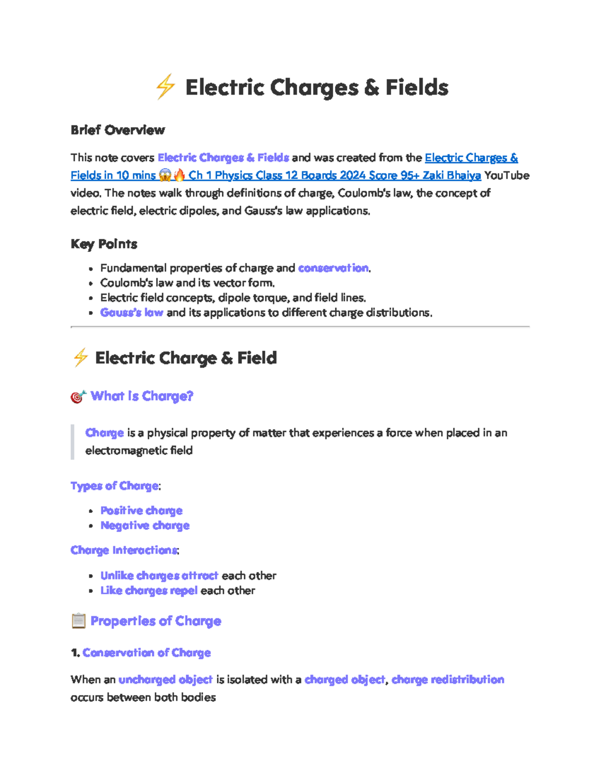 Electric Charges & Fields Overview - Ch 1 Physics Class 12 - Studocu