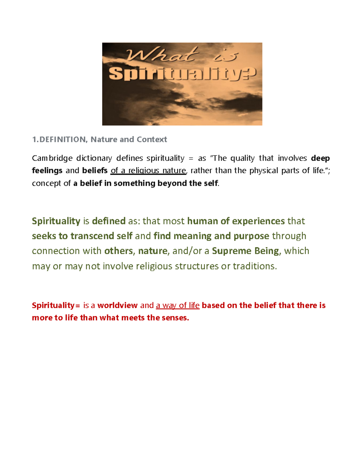 Spirituality-Wk-1 - Notes - 1, Nature and Context Cambridge dictionary ...