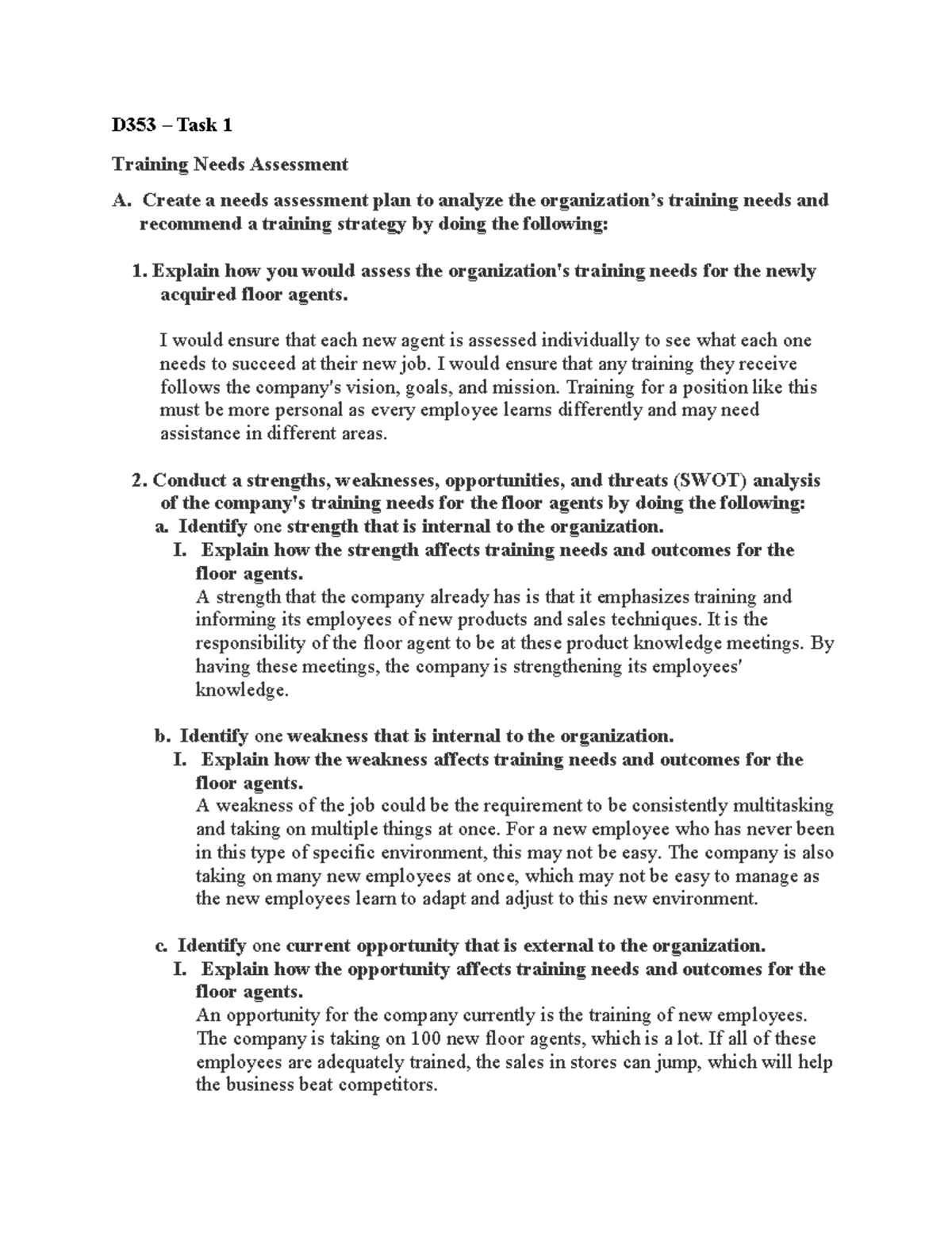 D353 Task 1: Training Needs Assessment Plan for Floor Agents - Studocu