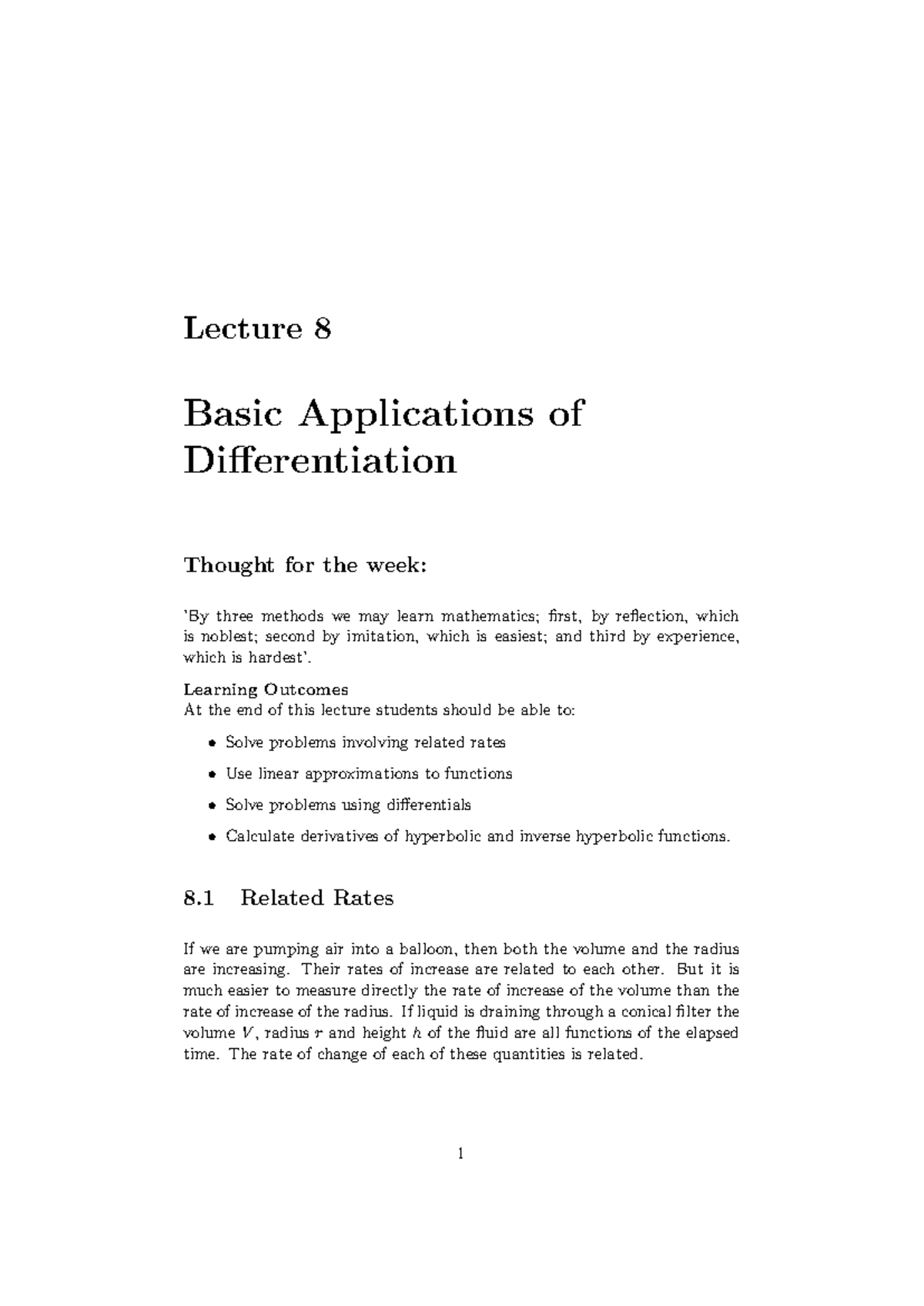 MATH1014 Lecture 8: Key Concepts in Basic Applications of ...