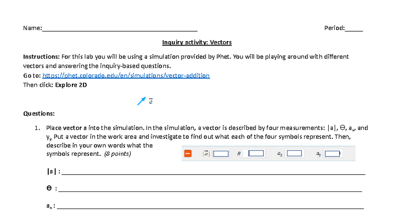 Vector Inquiry Lab: Exploring Vectors with Phet Simulation - Studocu