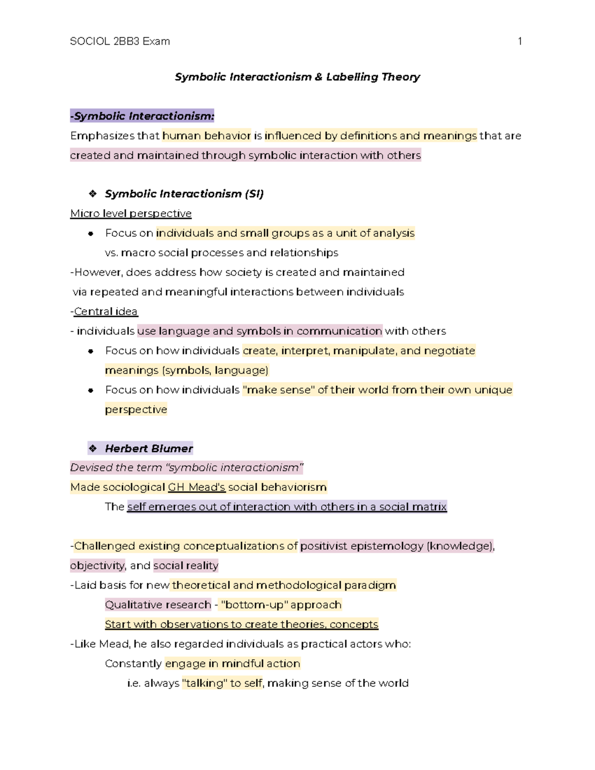 Sociol 2BB3 SI, LT Notes - Symbolic Interactionism & Labelling Theory ...