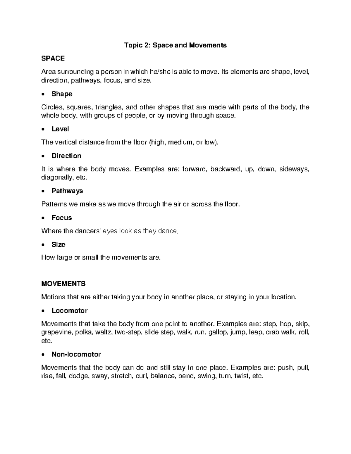 Physical Education 2 - Space and Movements Overview - Studocu