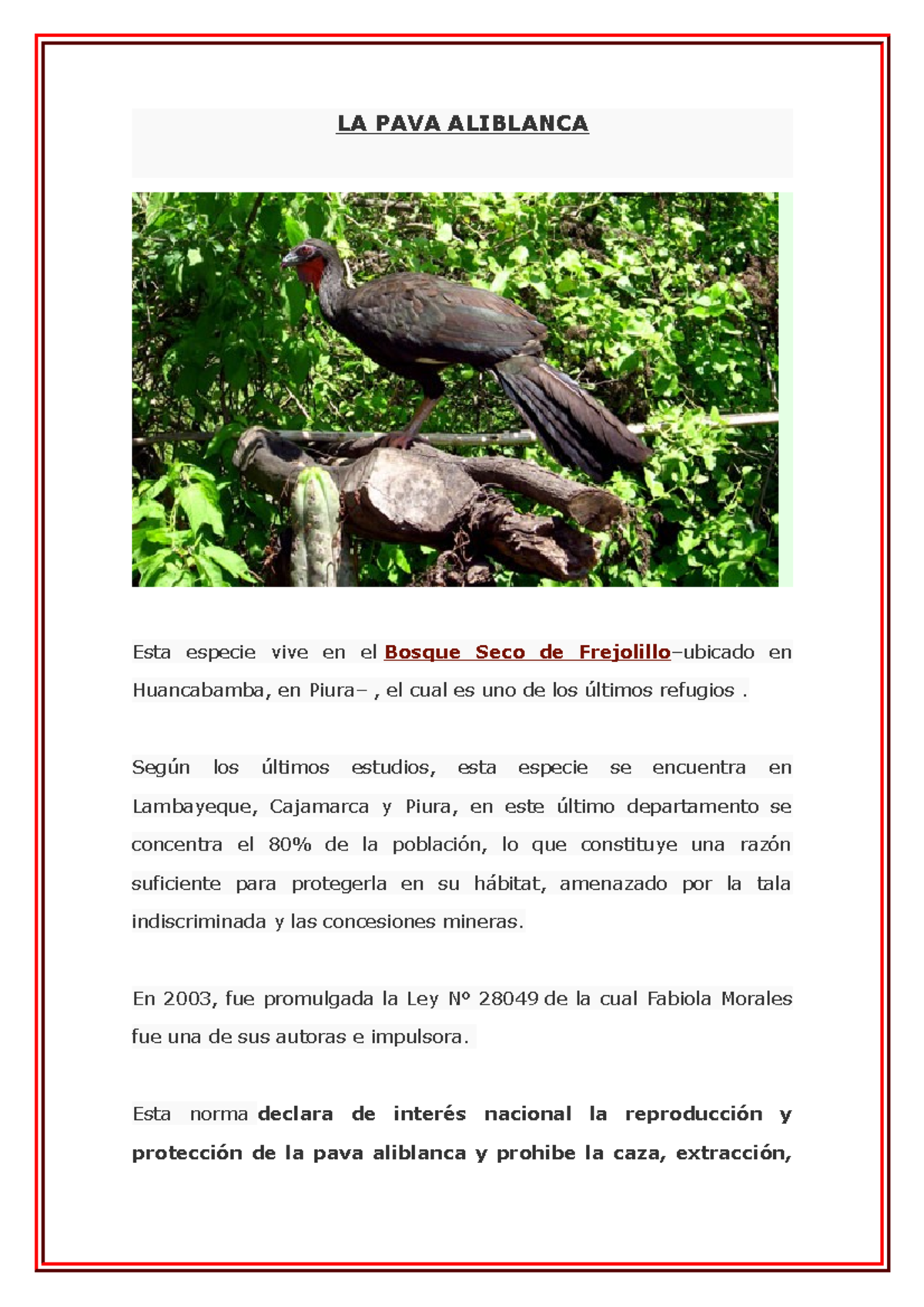 Conservación de la Pava Aliblanca en Peligro en Piura - Ley 28049 - Studocu