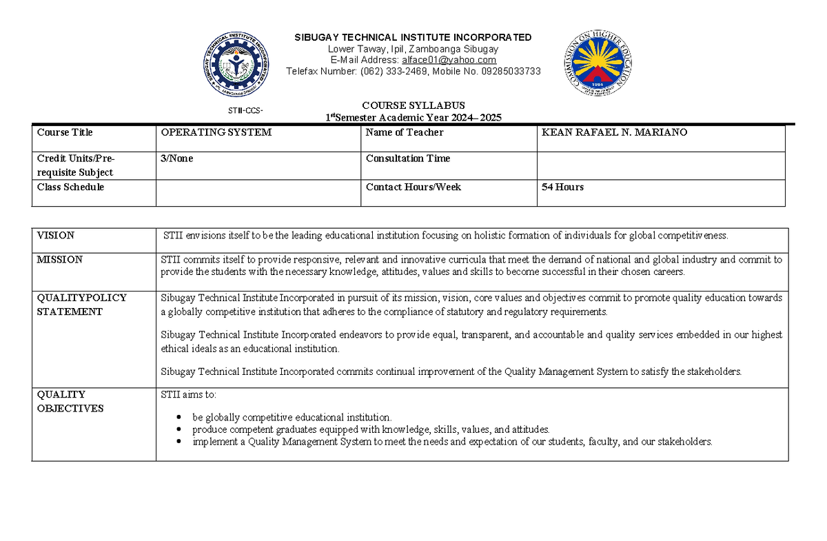 Operating System Syllabus - 1st Sem AY 2024-2025 (STII-CCS) - Studocu