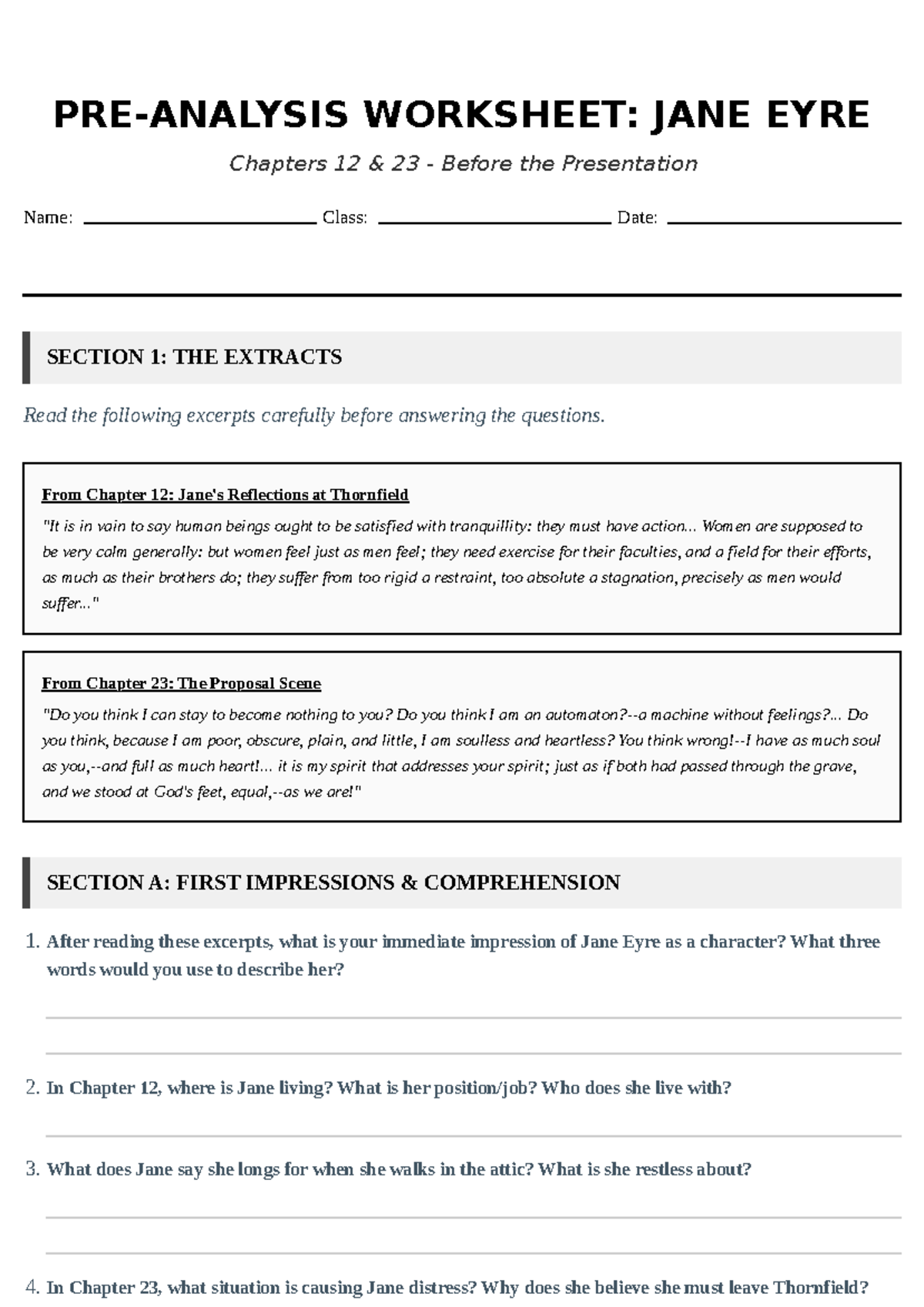 WORKSHEET: JANE EYRE Chapters 12-23 Analysis & Discussion (ENG 101 ...