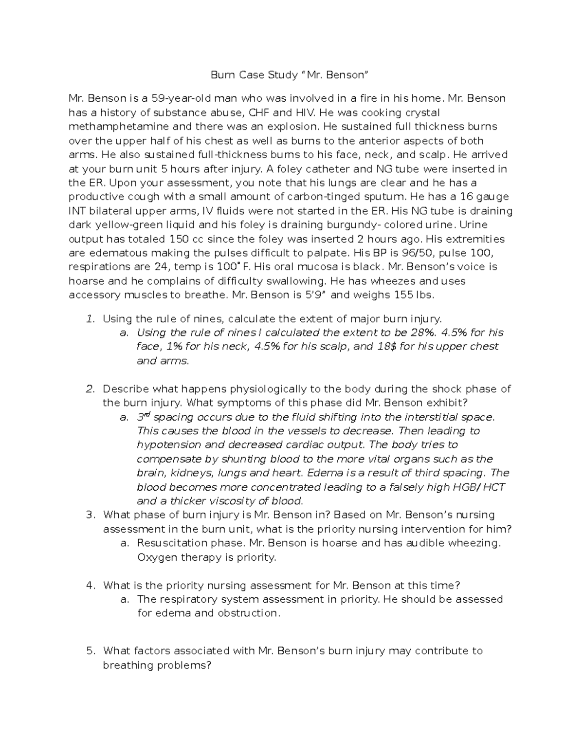 Burn Case Study: Comprehensive Analysis of Mr. Benson's Injury - Studocu