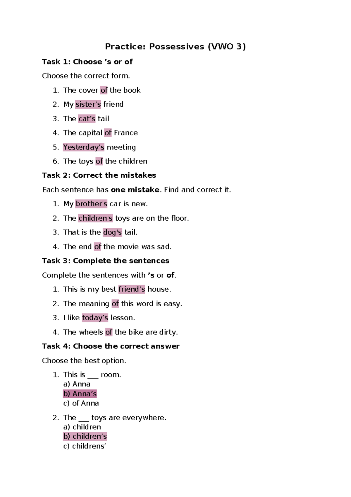 Practice: Possessives (VWO 3) Exercises and Tasks - Studeersnel