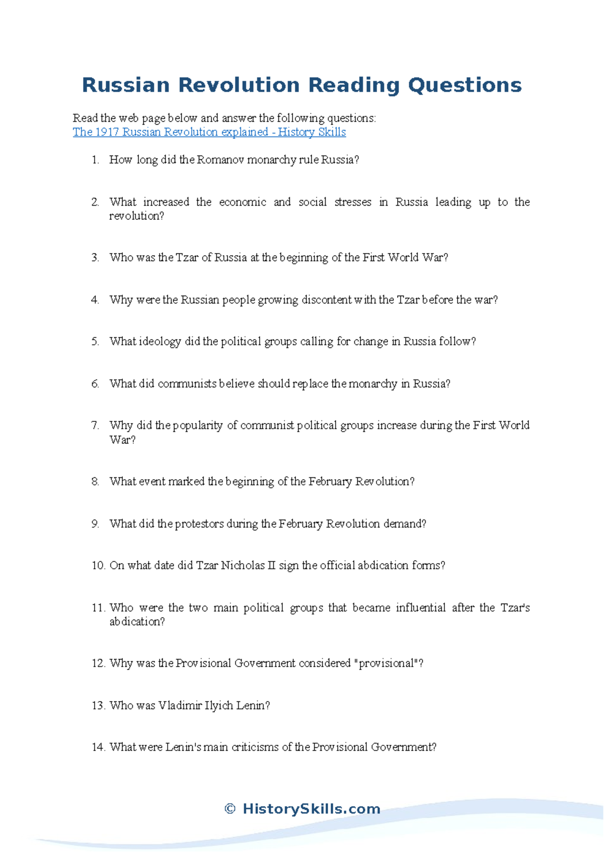 Russian Revolution Reading Questions Worksheet-1 - Studocu