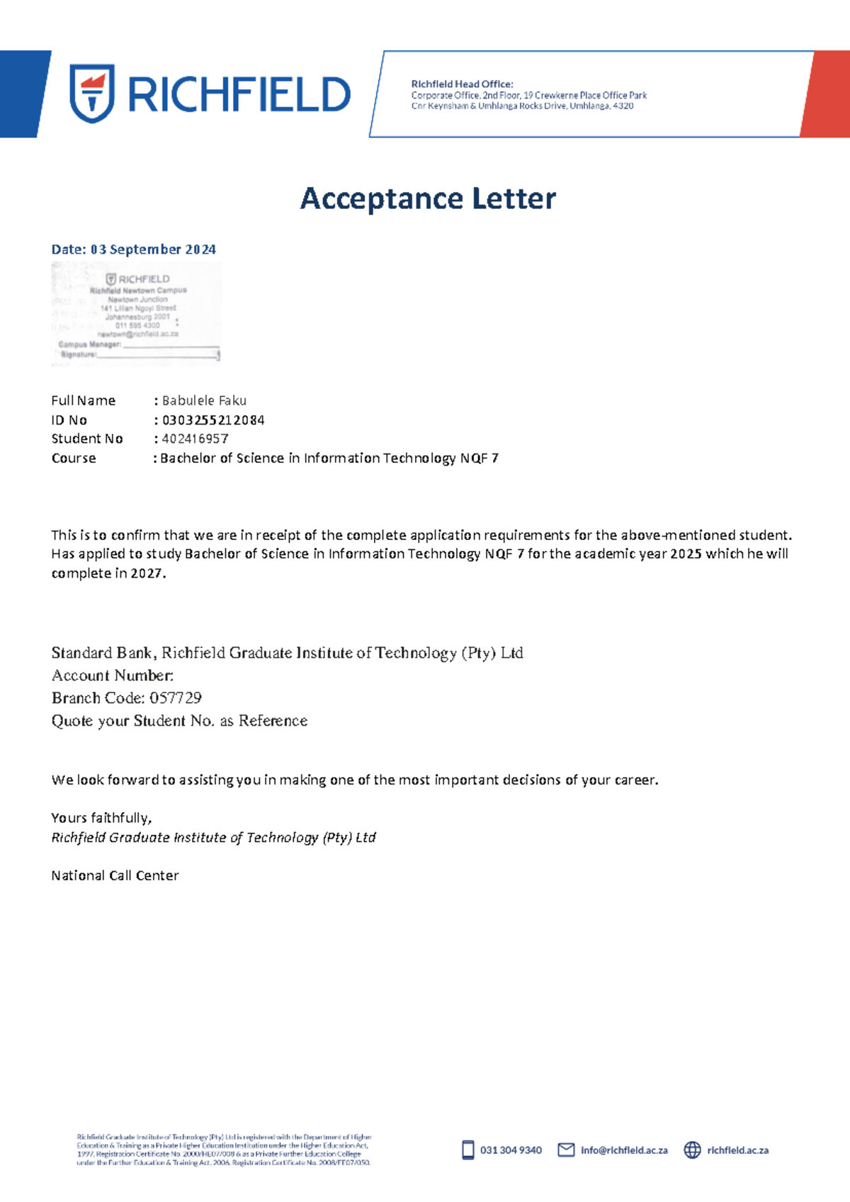 Acceptance Letter for Application: BSc in IT NQF 7 - Babulele Faku ...