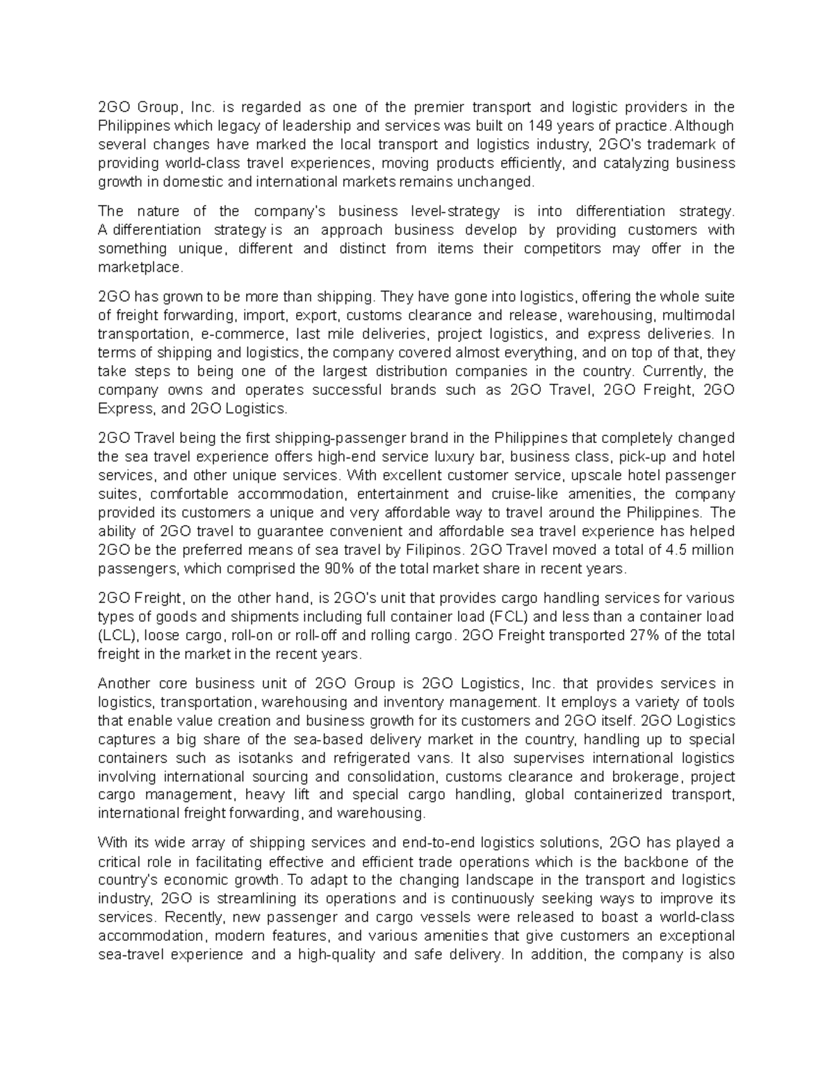 2GO Group Case Study: Differentiation Strategy in Logistics - Studocu