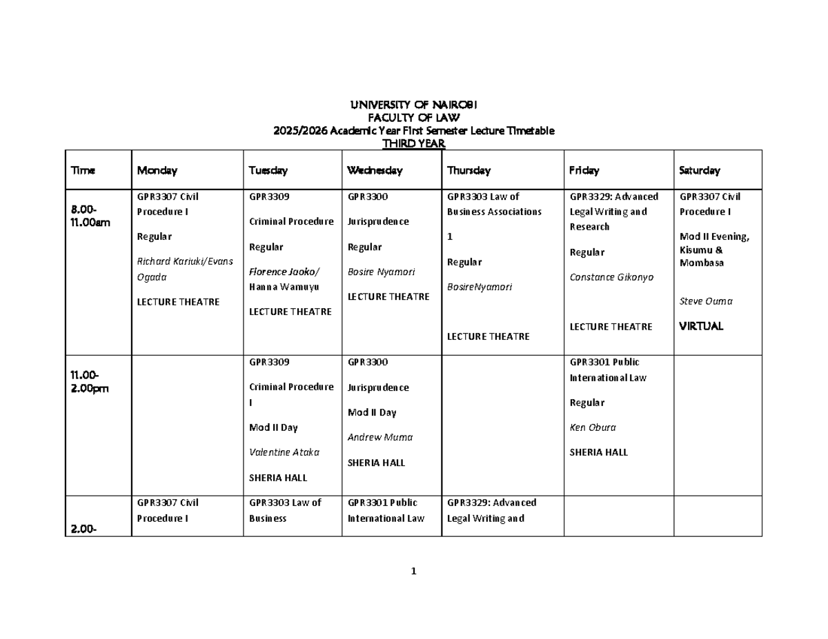 UNIVERSITY OF NAIROBI LAW 3RD YEAR 1ST SEMESTER LECTURE TIMETABLE - Studocu