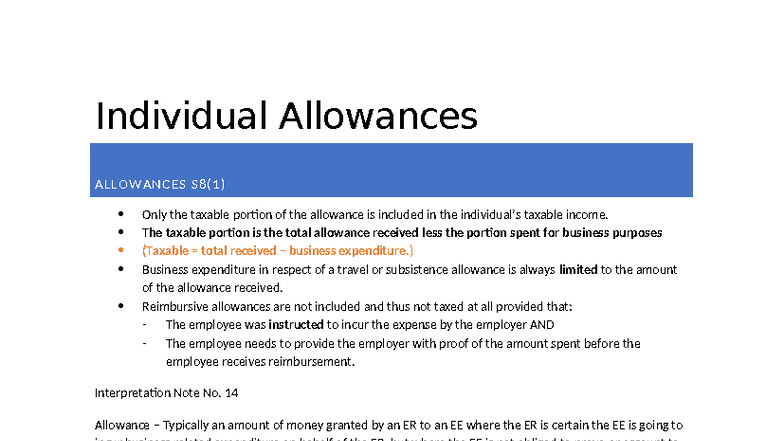 Individual Allowances - Notes for Taxation S8(1) - Studocu