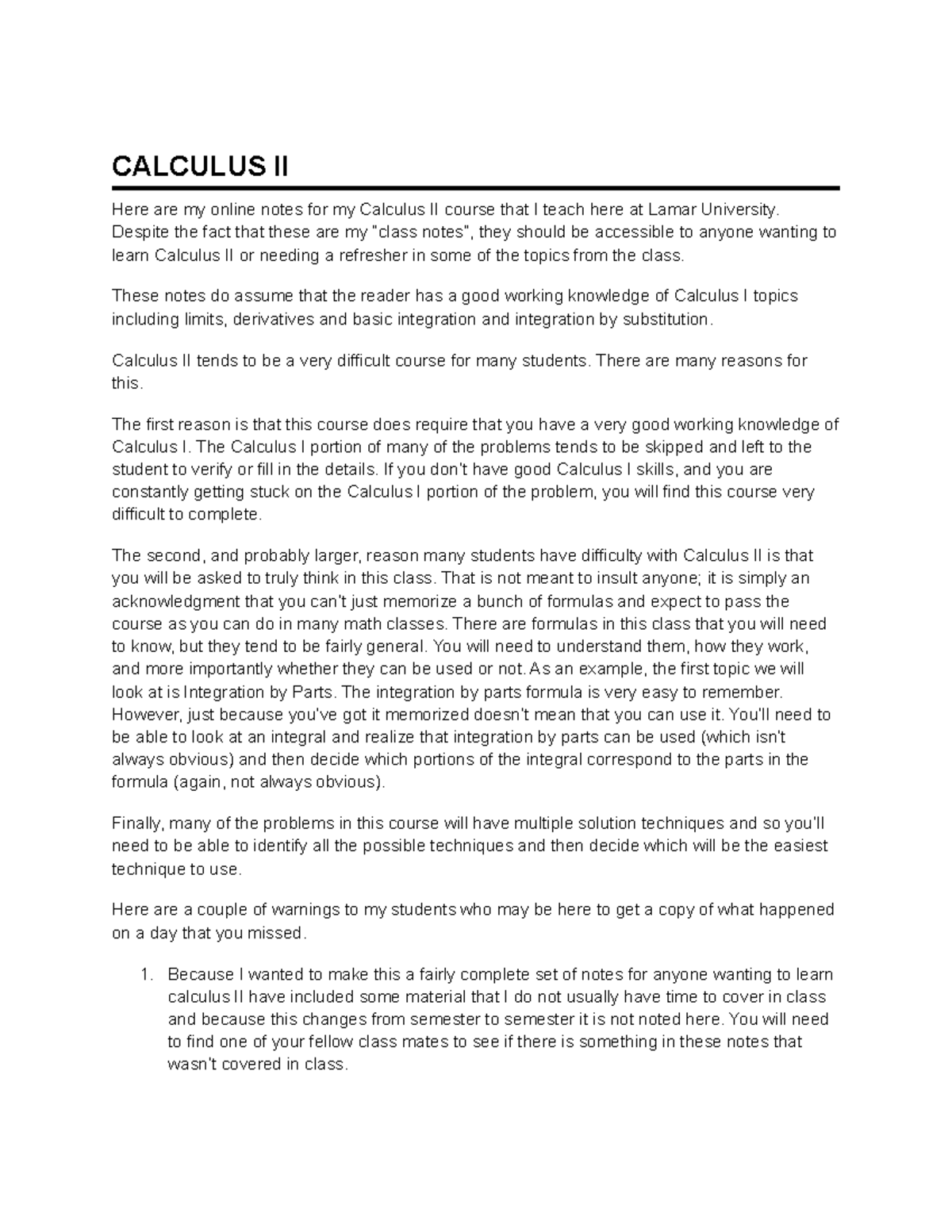 Calculus II notes - CALCULUS II Here are my online notes for my ...