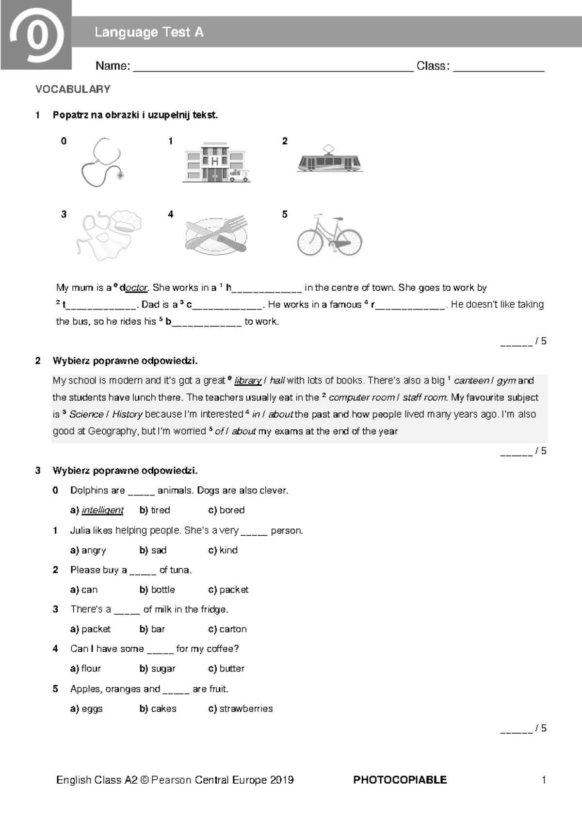 EC A2 Tests Language Test Unit 0 A Name
