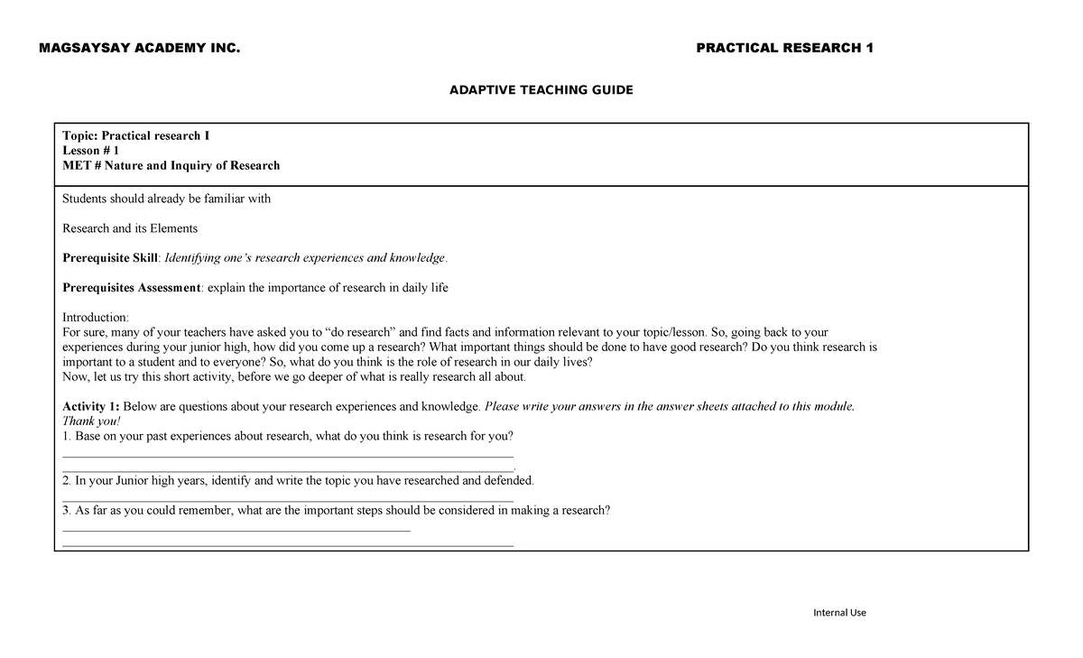 MAGSAYSAY ACADEMY INC. PRACTICAL RESEARCH 1: Comprehensive Teaching ...