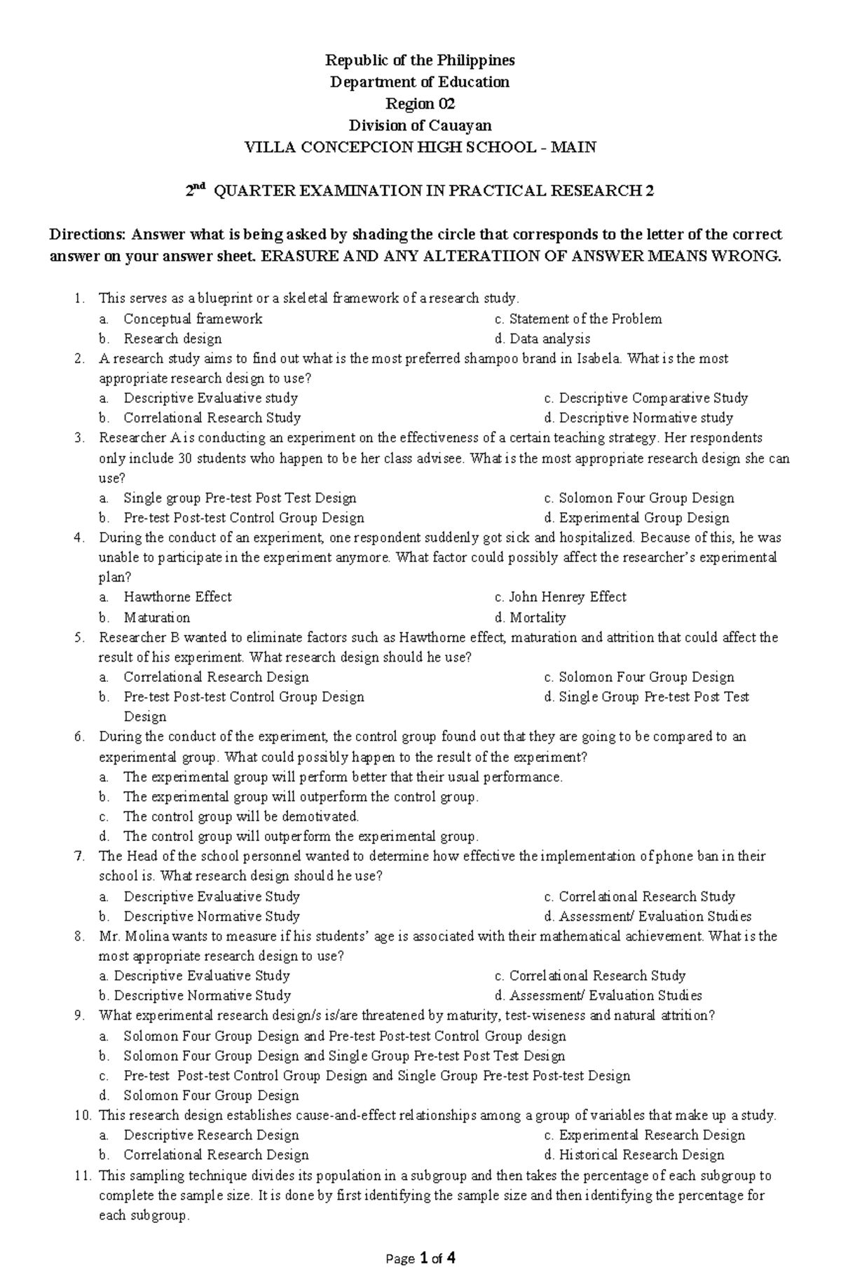 410426695 2nd Quarter Exam in Practical Research 2 - Answer Key - Studocu