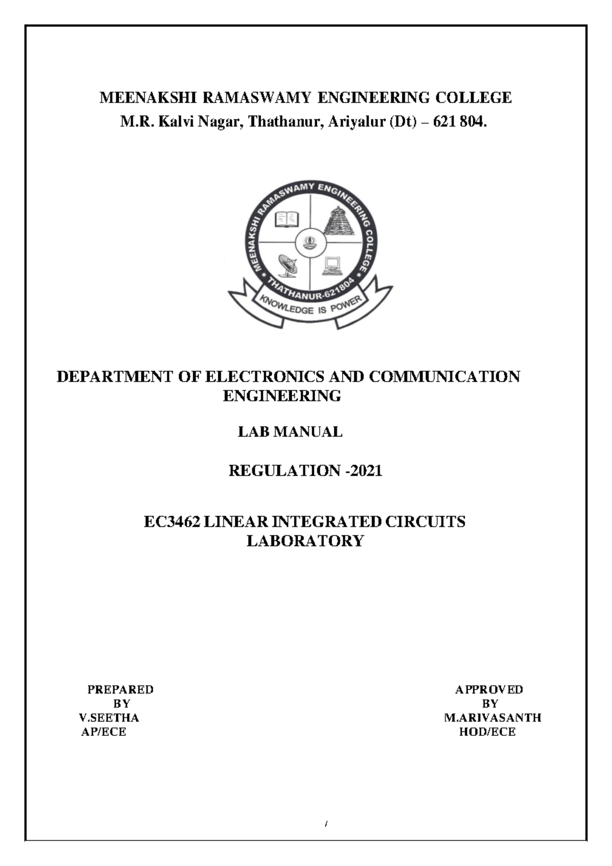 EC3462 Linear Integrated Circuits Laboratory Manual - Studocu