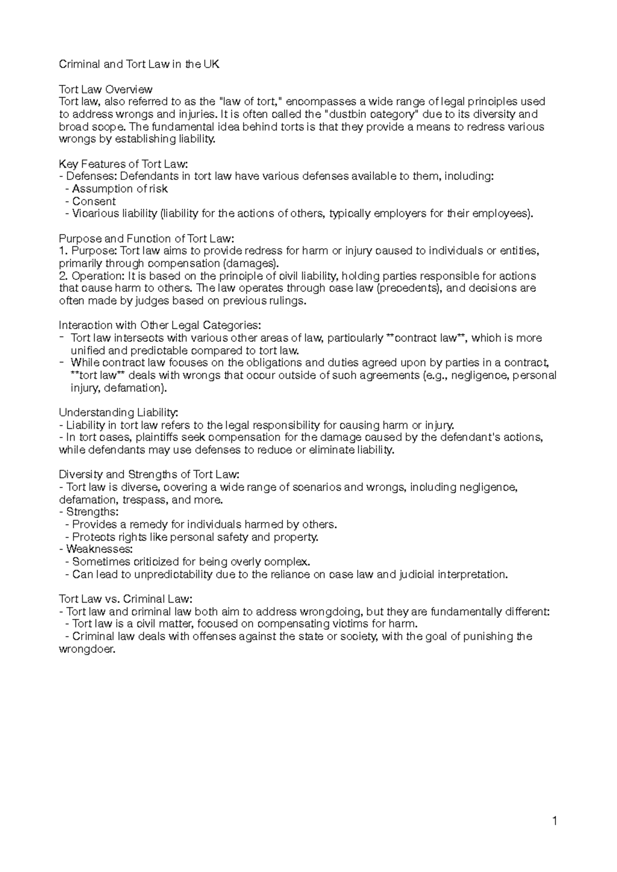 Tort Law Overview: Key Principles and Liability in the UK (DPA S1 ...