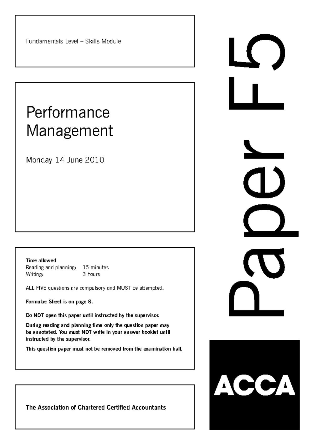 F5 PM ACCA Past Year paper - Fundamentals Level – Skills Module The ...
