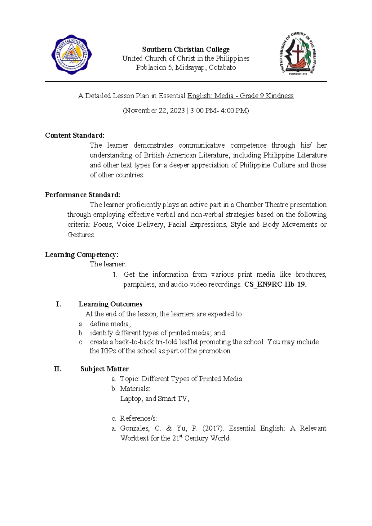 Detailed Lesson Plan: Grade 9 Media - Essential English (Nov 22, 2023 ...